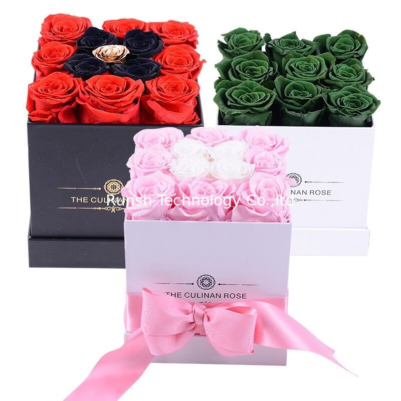Wholesale Business Preserved eternal roses Square Boxes 9pcs Roses Inside Black Boxes Flower supplier